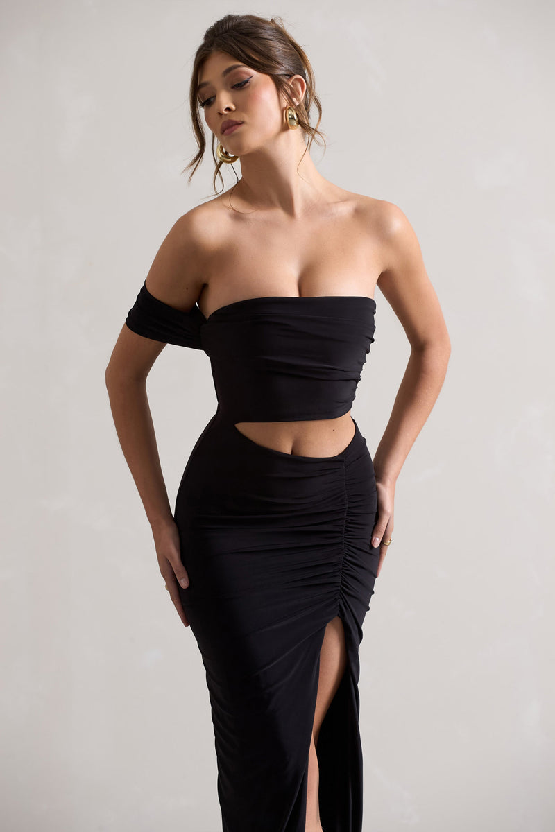 Gilded Black One-Sleeved Cut-Out Split Maxi Dress – Club L Gilded Black One-Sleeved Cut-Out Split Maxi Dress – Club L