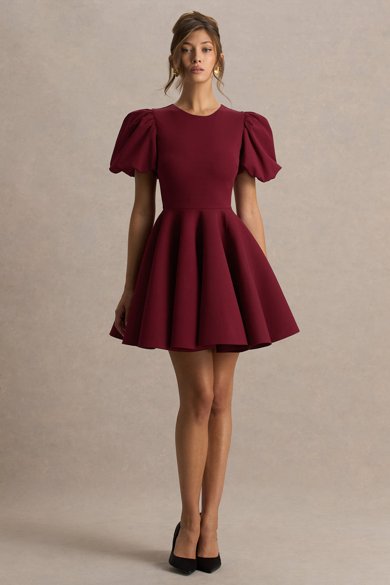 Emelia Burgundy Puff-Sleeve Skater Mini Dress – Club L London - USA