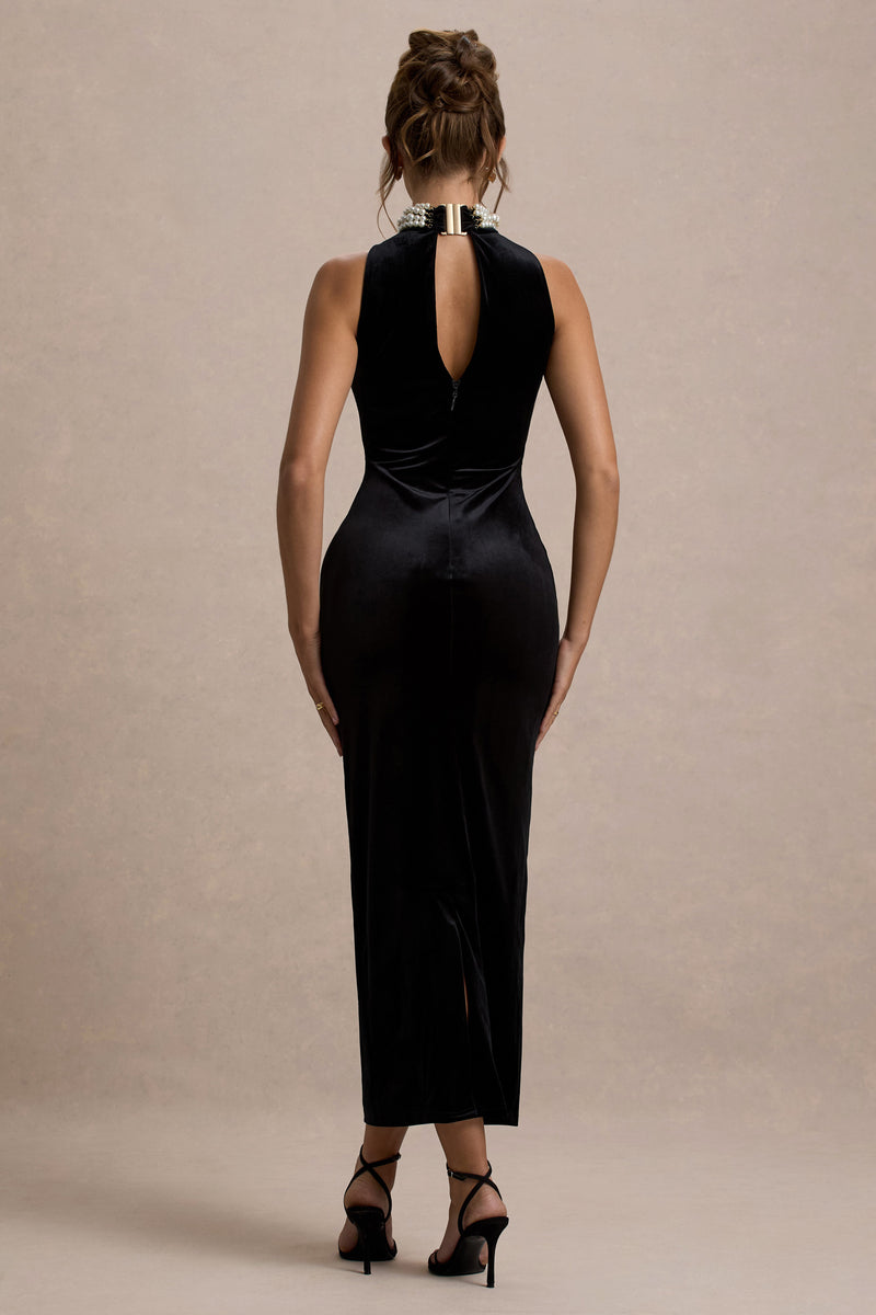 Audrine Black Velvet Embellished High-Neck Maxi Dress – Club L London - USA