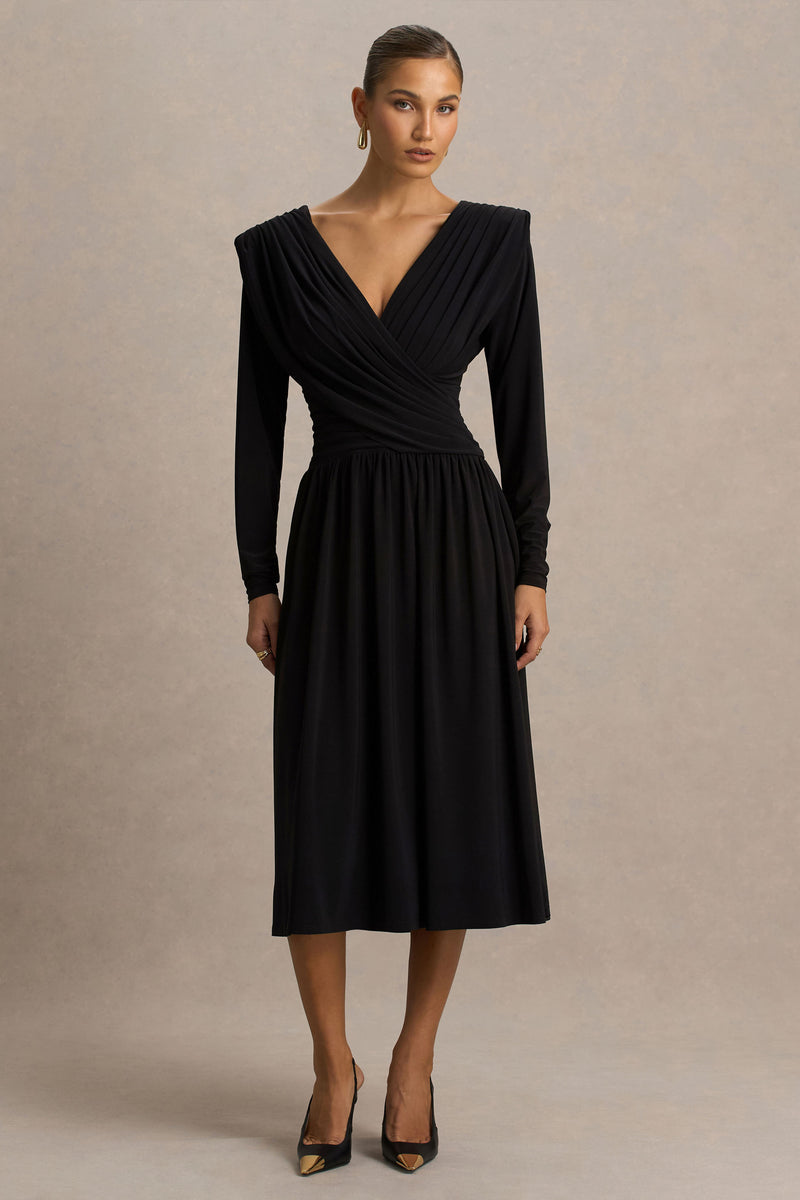 Alexis Black Plunge-Neck Midi Dress With Draped And Ruched Detailing – Club L London - USA