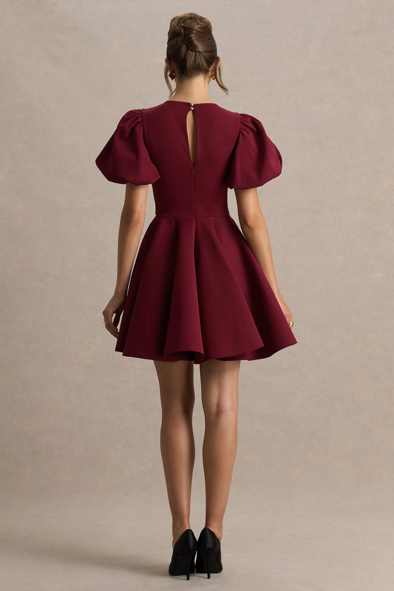 Emelia Burgundy Puff-Sleeve Skater Mini Dress – Club L London - USA