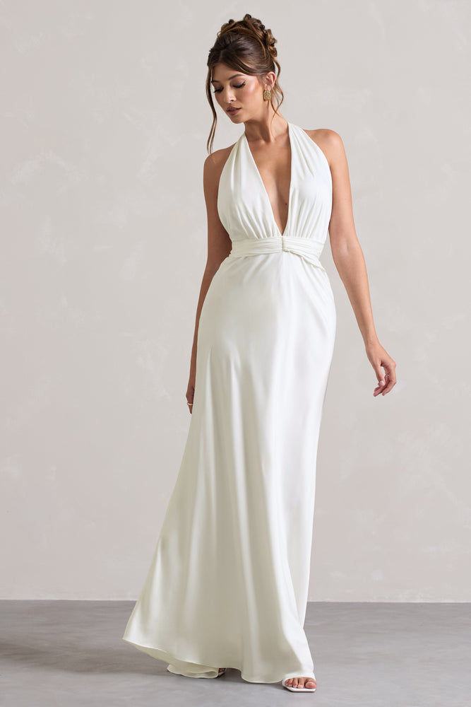 Carolyn Ivory Satin Plunge Maxi Dress With Dipped Hem – Club L London - USA