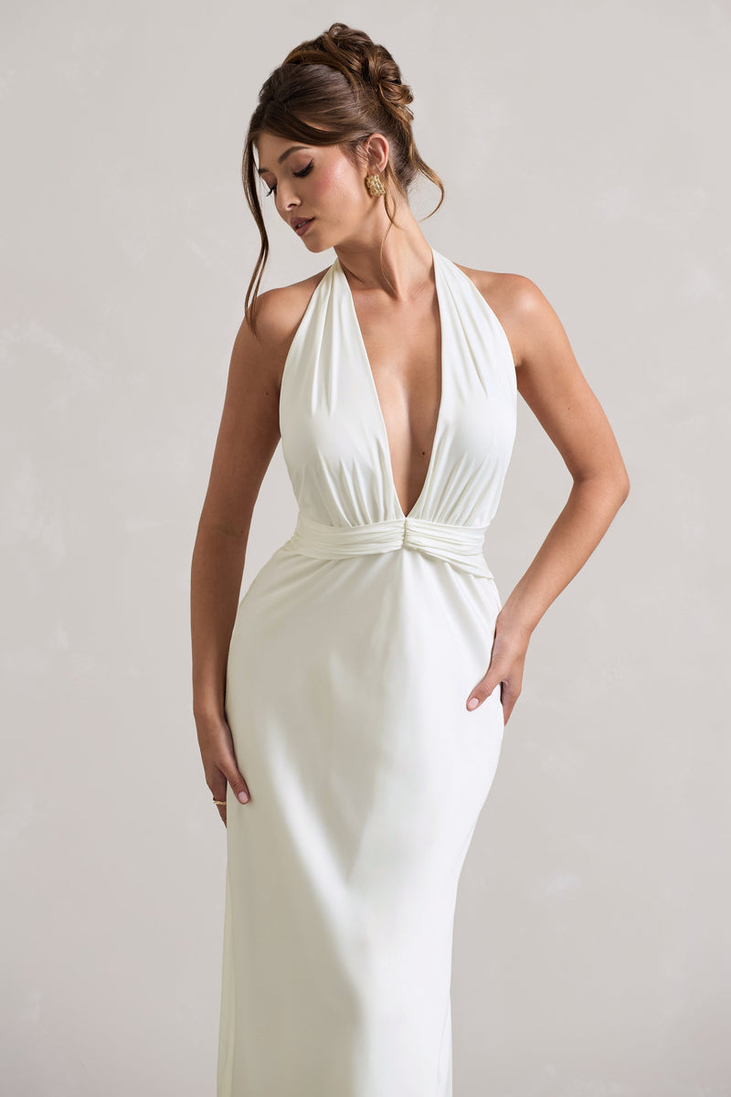 Carolyn Ivory Satin Plunge Maxi Dress With Dipped Hem – Club L London - USA