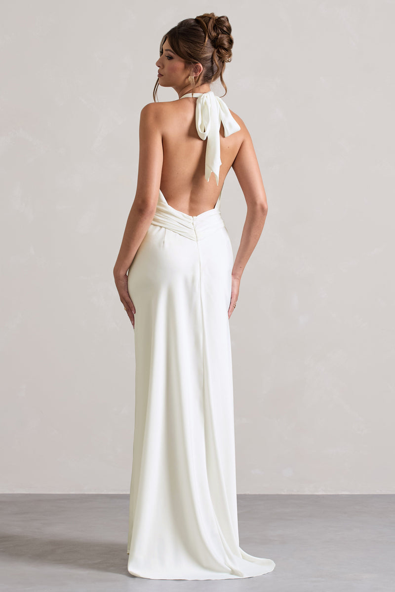 Carolyn Ivory Satin Plunge Maxi Dress With Dipped Hem – Club L London - USA