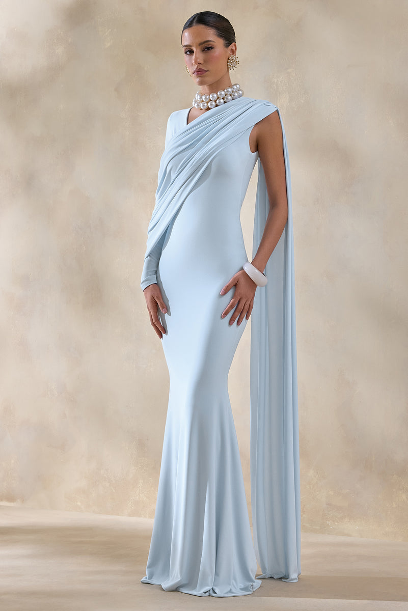 Rubelle Powder Blue Asymmetric-Neck Maxi Dress With Draped-Detailing ...