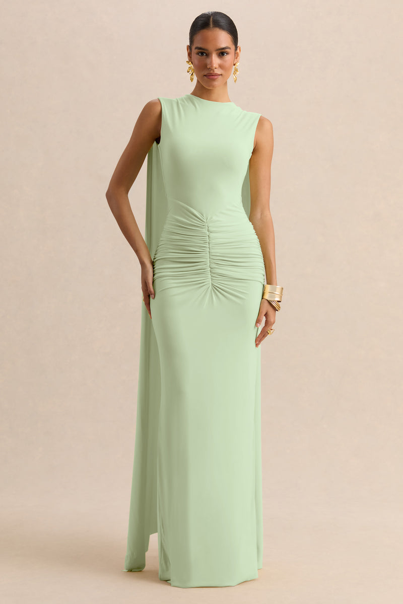 Premiere Mint Boat-Neck Maxi Dress With Cape-Sleeves And Open-Back ...