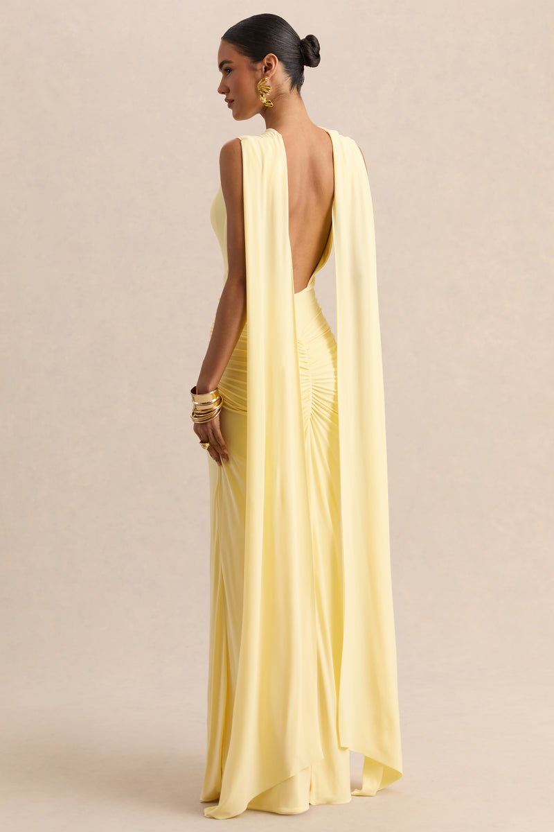 Premiere Lemon Boat-Neck Maxi Dress With Cape-Sleeves And Open-Back ...