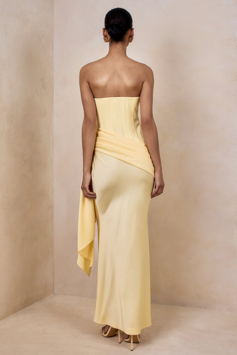 Nalira Lemon Satin Bandeau Maxi Dress With Draped Skirt – Club L London ...