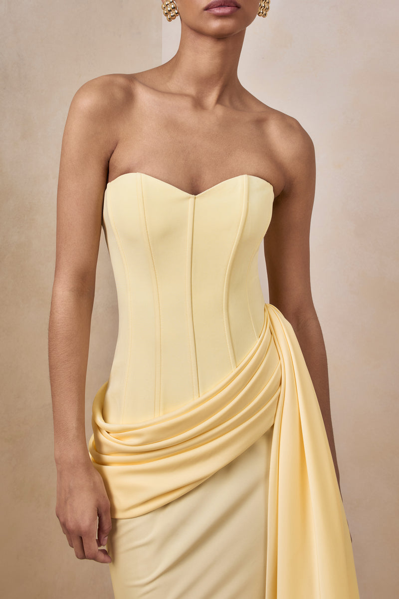 Nalira Lemon Satin Bandeau Maxi Dress With Draped Skirt – Club L London ...