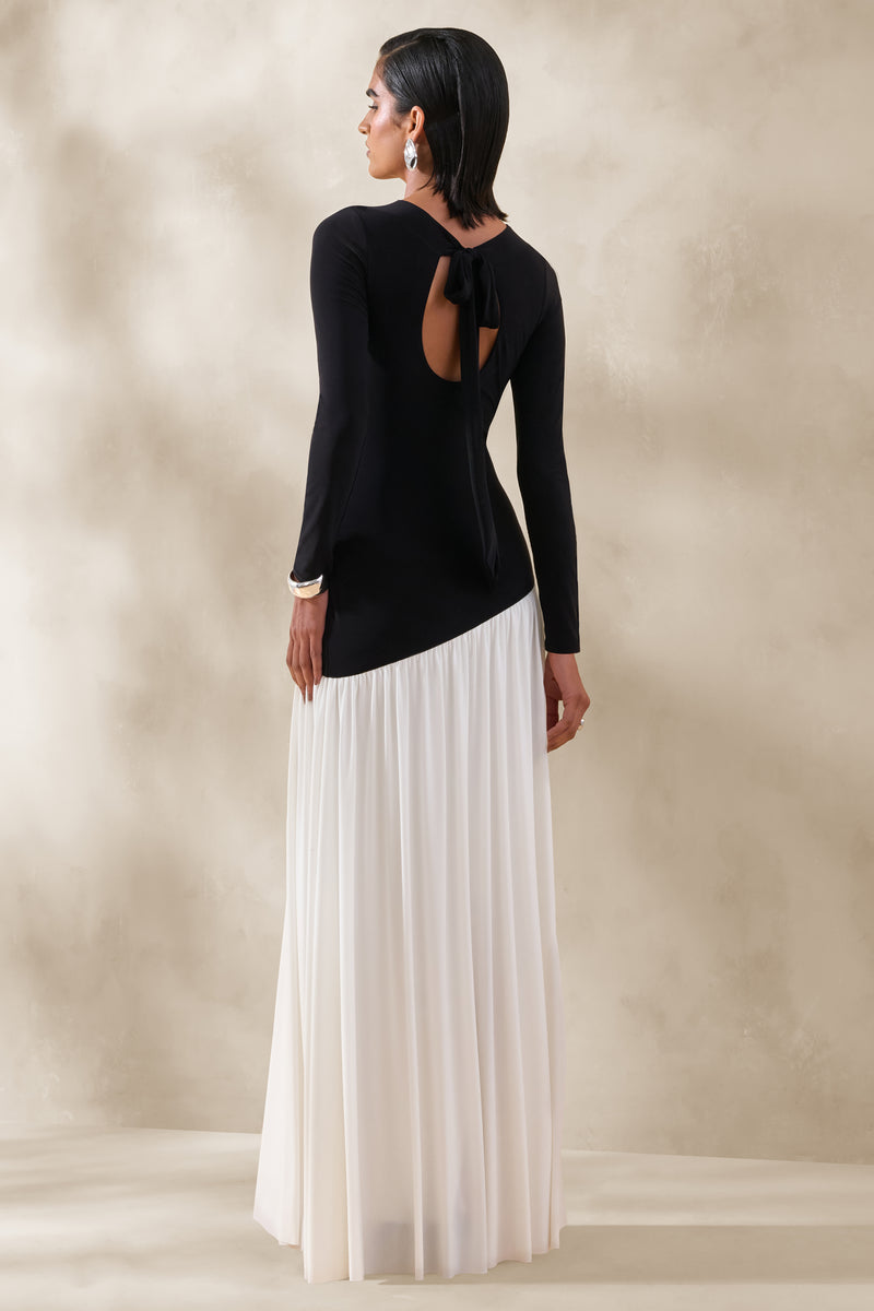 Jasira Black & White Crew-Neck Maxi Dress With Asymmetric Drop-Waist ...