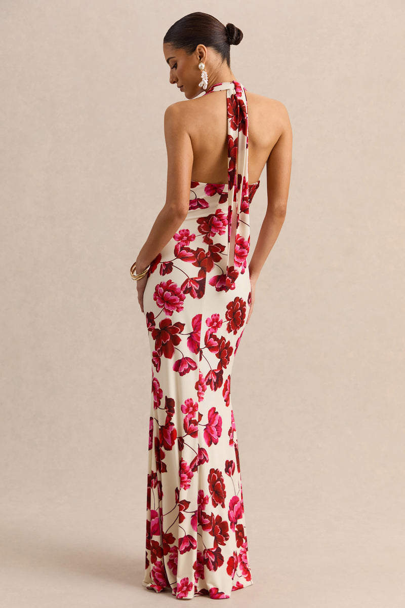 Flossie Cream And Pink Floral Print Plunge-Neck Maxi Dress – Club L ...