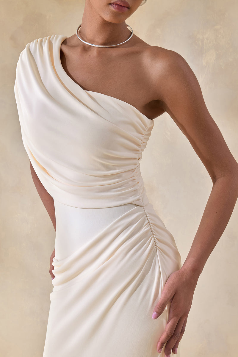 Iberia Cream Asymmetric-Neck Maxi Dress With Draped Detail – Club L ...