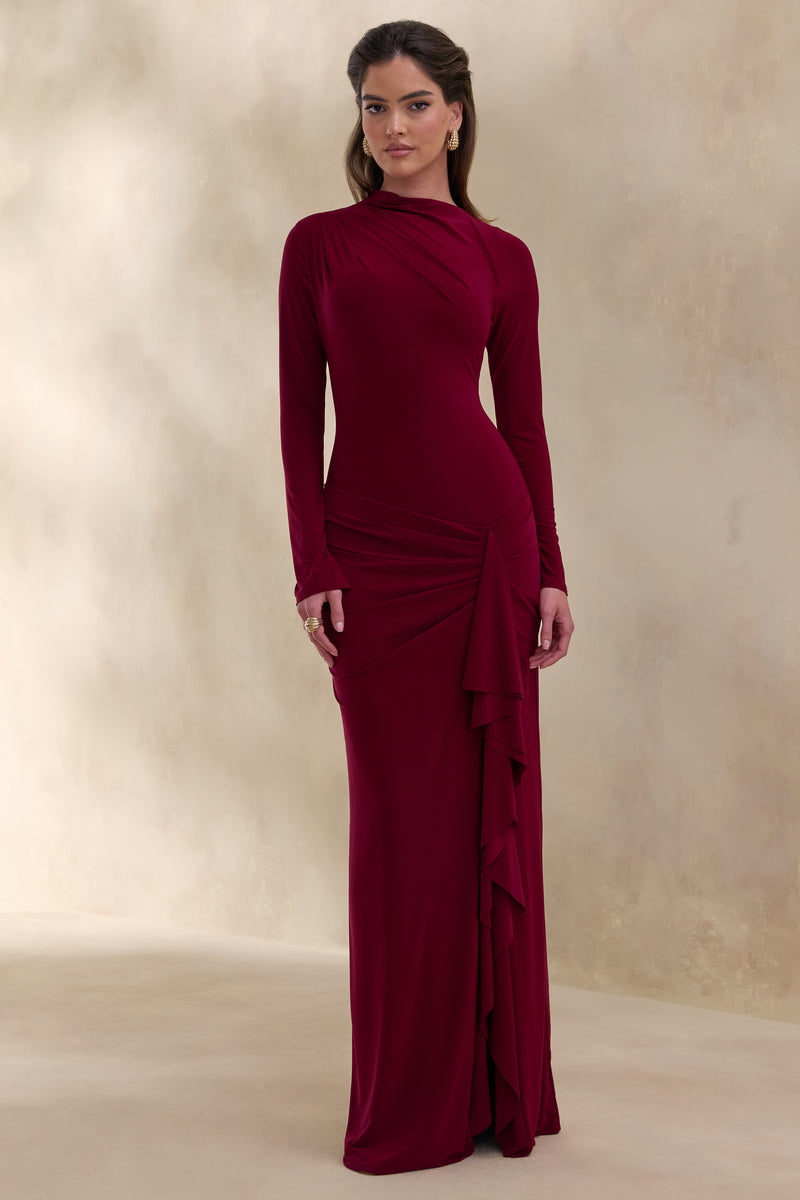 Karessa Berry High-Neck Maxi Dress With Gathered Detailing And Front ...
