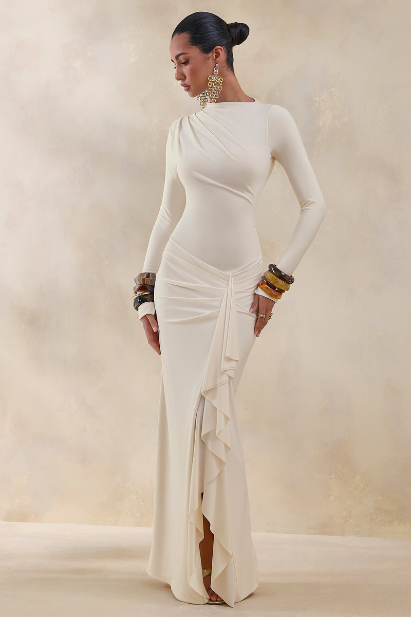 Karessa Cream High-Neck Maxi Dress With Gathered Detailing And Front ...