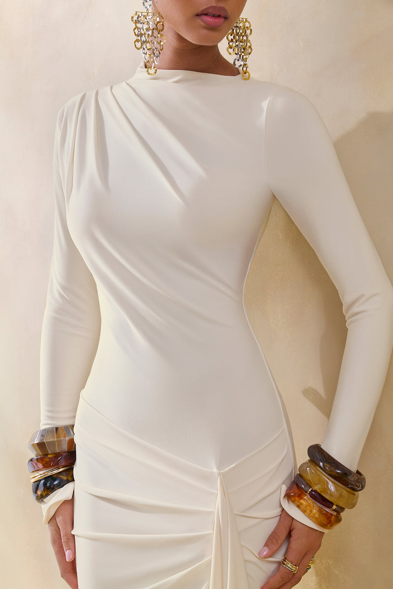 Karessa Cream High-Neck Maxi Dress With Gathered Detailing And Front ...
