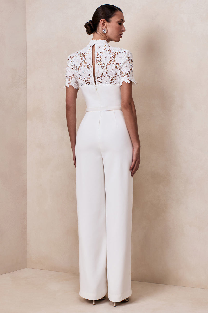 Liliana White High-Neck Jumpsuit With Lace Detailing – Club L London - USA