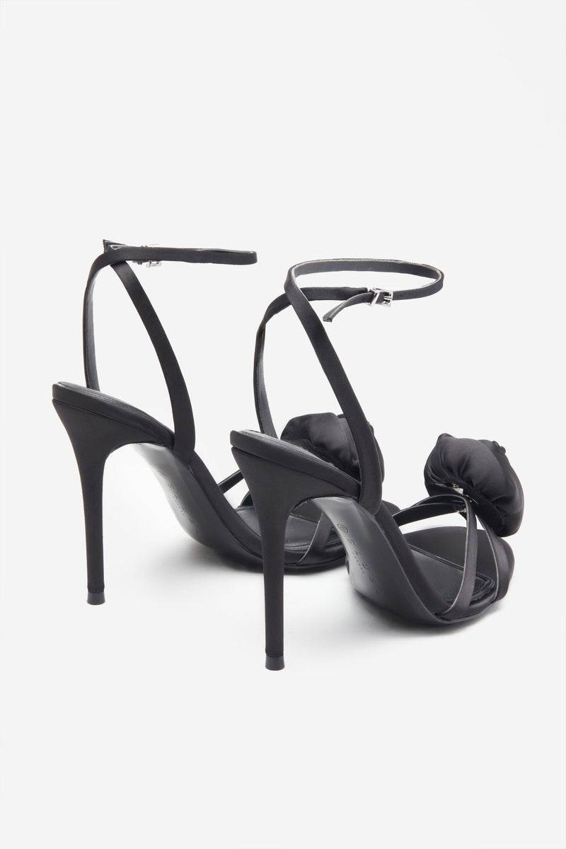 Sweet Step Black Satin Strappy Heeled Sandals With Flowers – Club L ...
