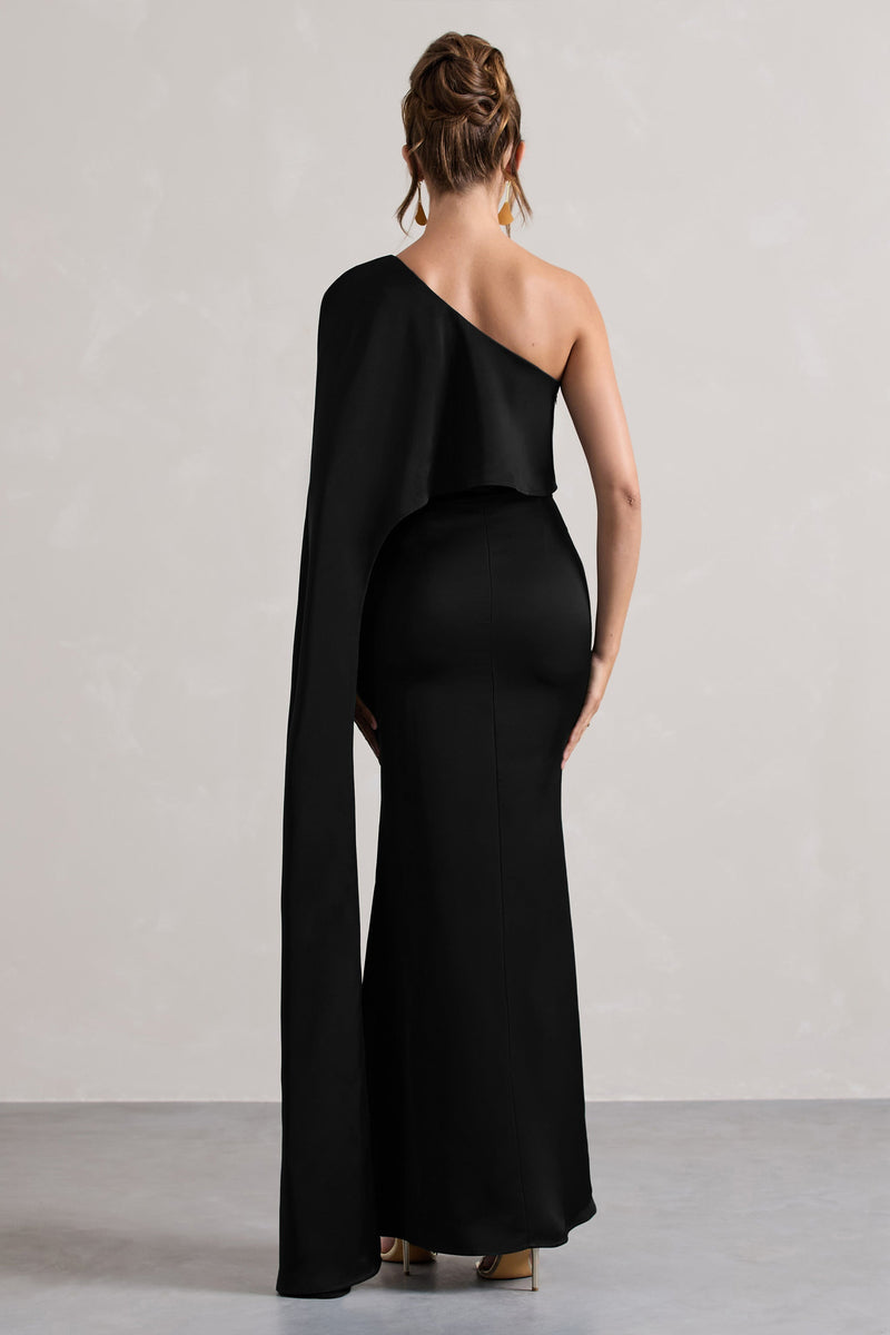 Amora Black Satin Asymmetric Cape-Sleeve Split Maxi Dress – Club L London - USA