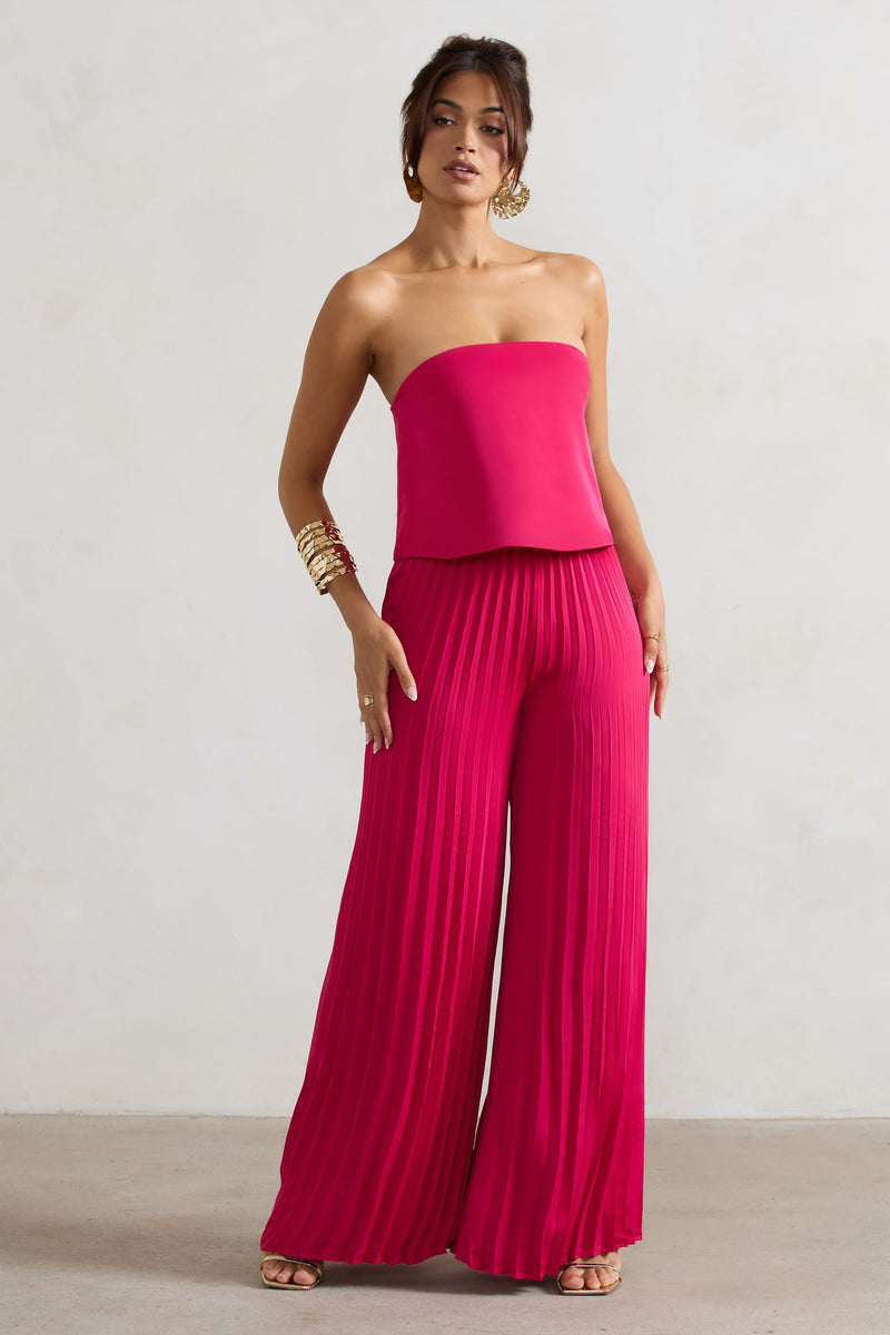 Tammi Dark Pink Satin Strapless Plisse Wide-Leg Jumpsuit – Club L ...