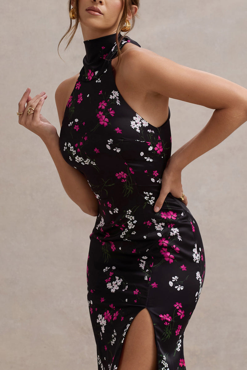 Violette Black Ditsy Floral Print Satin High-Neck Split Midi Dress ...