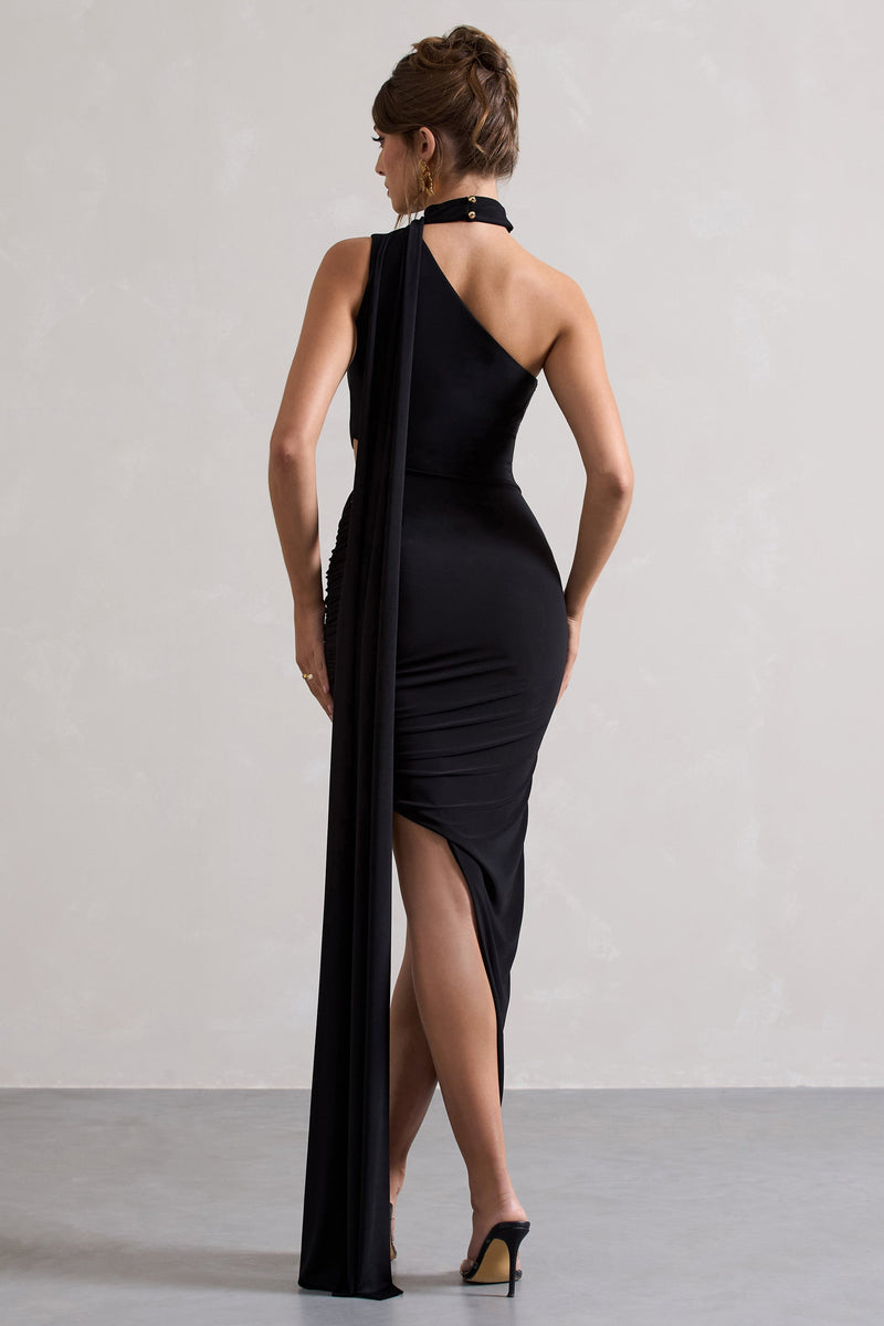 Icon Black One Shoulder Cut-Out Maxi Dress With Scarf – Club L London - USA