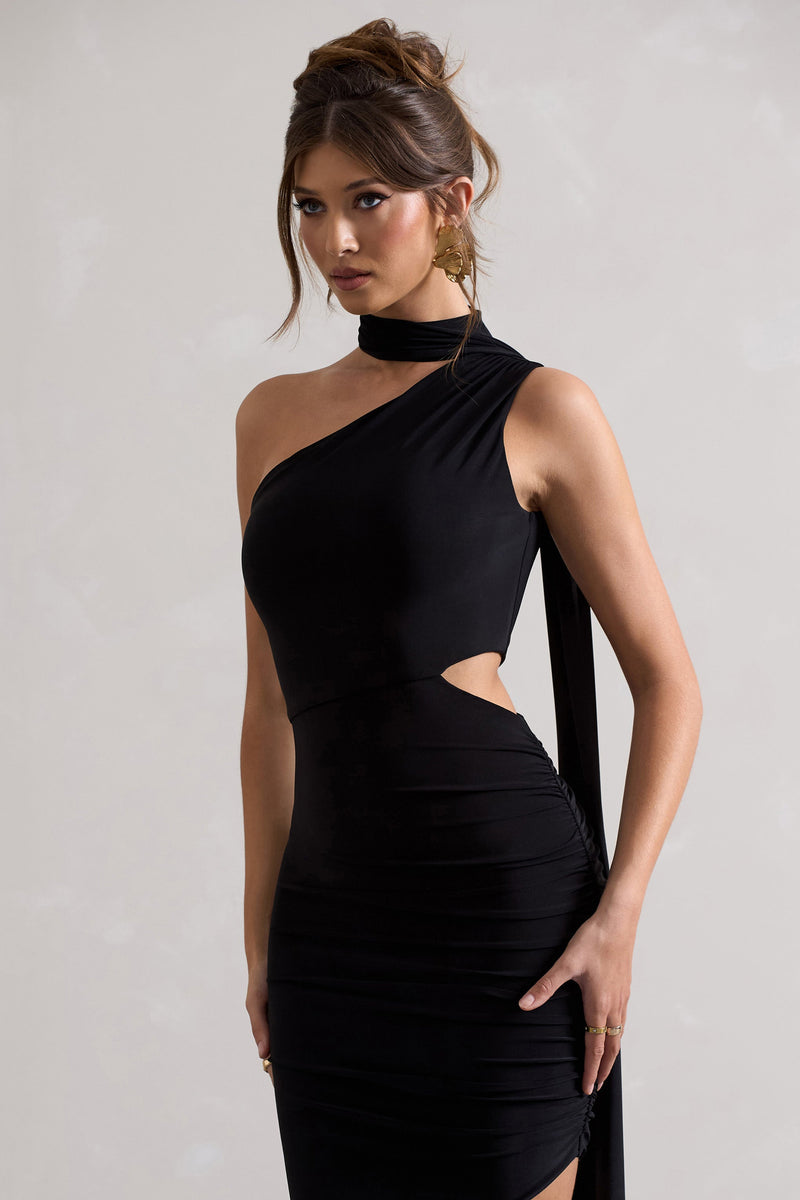 Icon Black One Shoulder Cut-Out Maxi Dress With Scarf – Club L London - USA