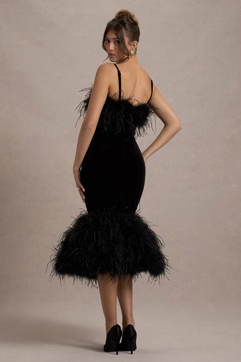 Kalena Black Velvet Feather Trim Midi Dress – Club L London - USA
