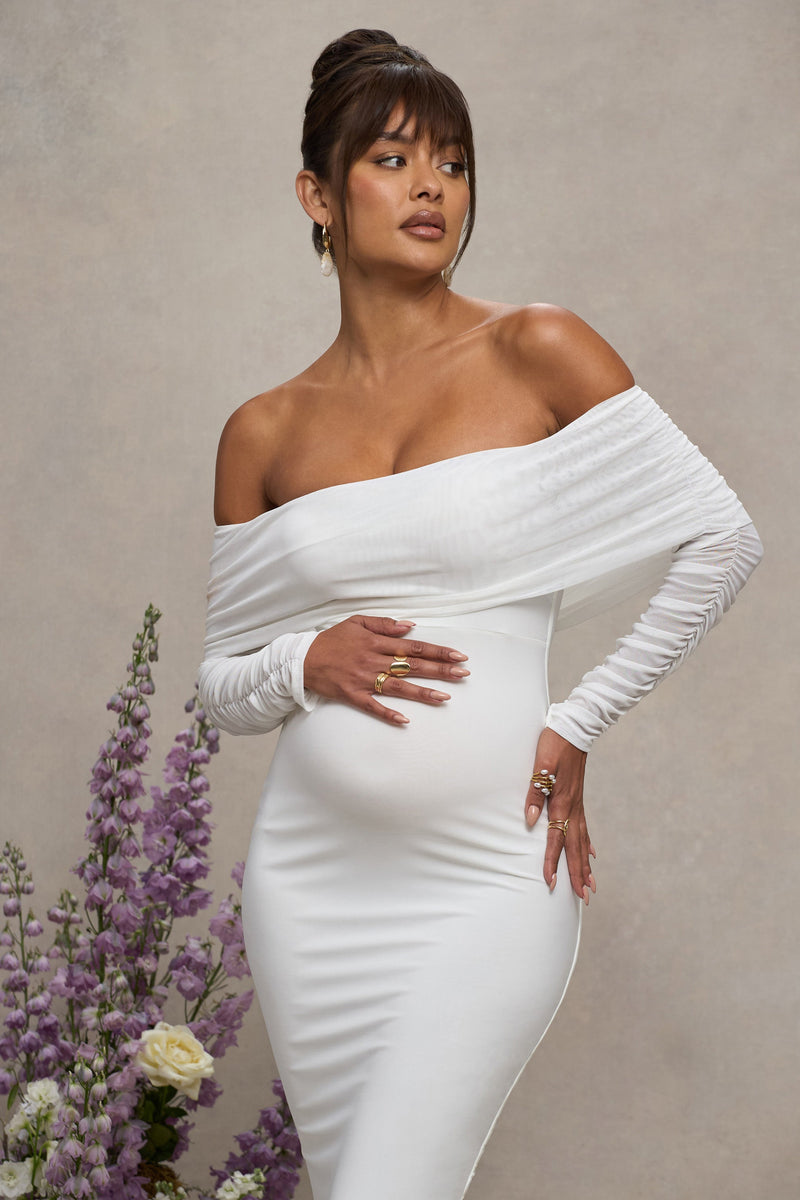 Patiently Waiting White Maternity Ruched Mesh Bardot Midi Dress – Club ...