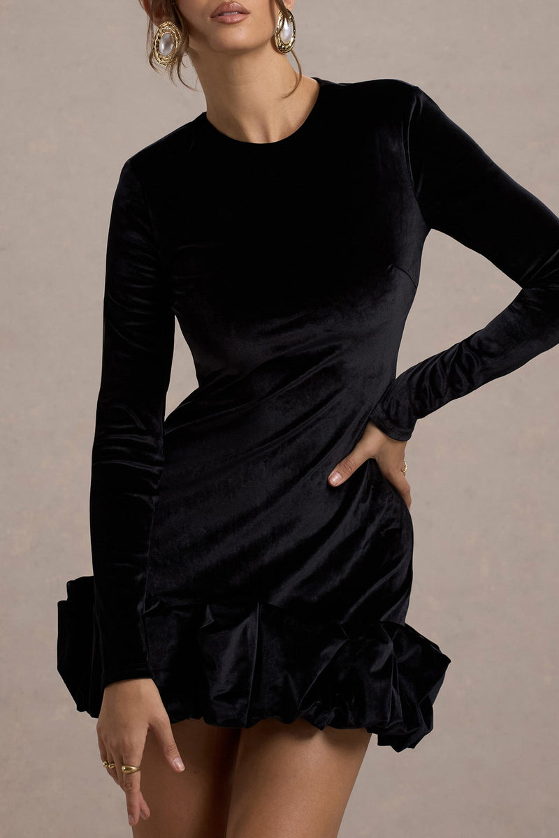 Claudine Black Velvet Long-Sleeved Ruffled Mini Dress – Club L London - USA