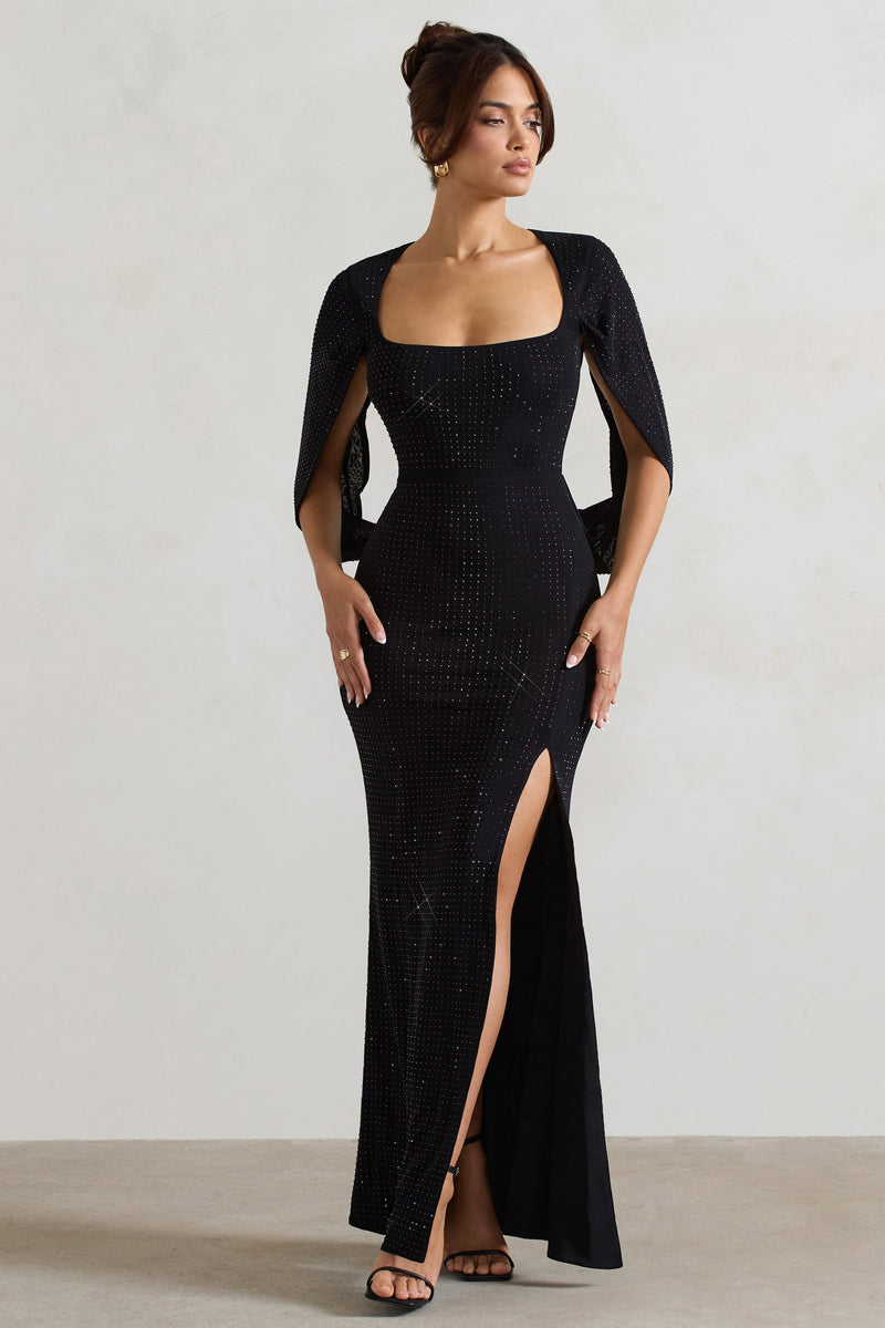 Broadway Black Embellished Fishtail Maxi Dress With Cape Sleeves – Club ...