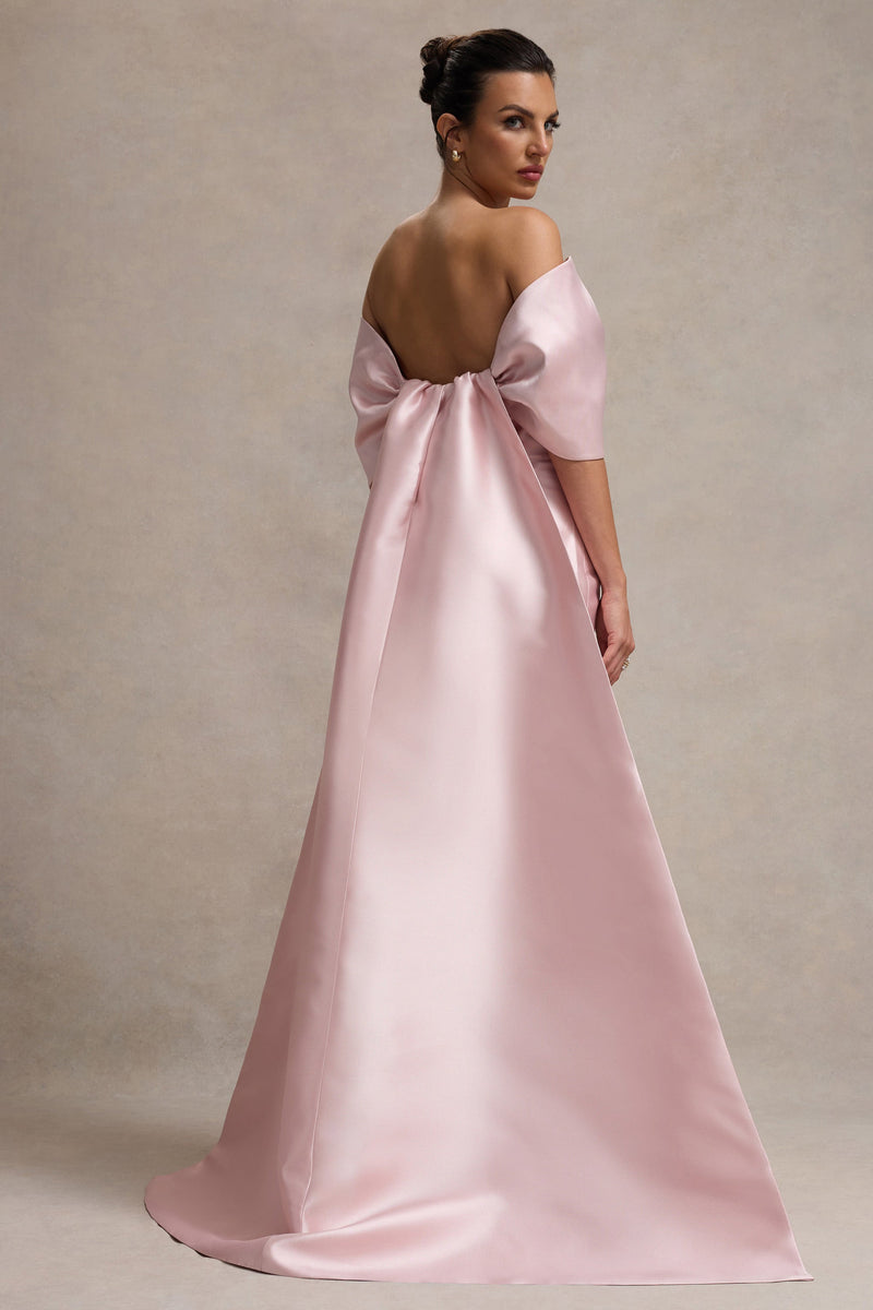 Wanting More Pink Satin Cape Maxi Dress With Oversized Bow – Club L ...