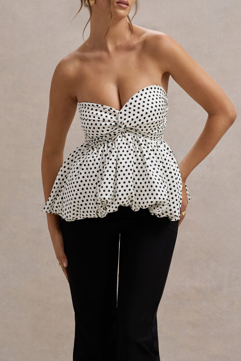 Divina White & Black Polka Dot Strapless Ruffled Jumpsuit – Club L ...