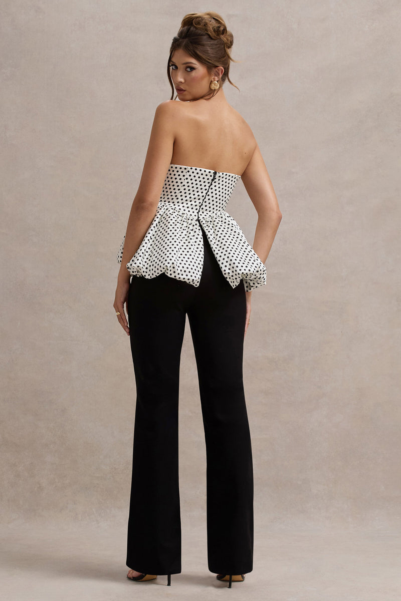 Divina White & Black Polka Dot Strapless Ruffled Jumpsuit – Club L ...