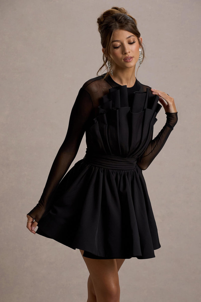 Jeri Black Mesh Long-Sleeve Ruffled Mini Dress – Club L London - USA