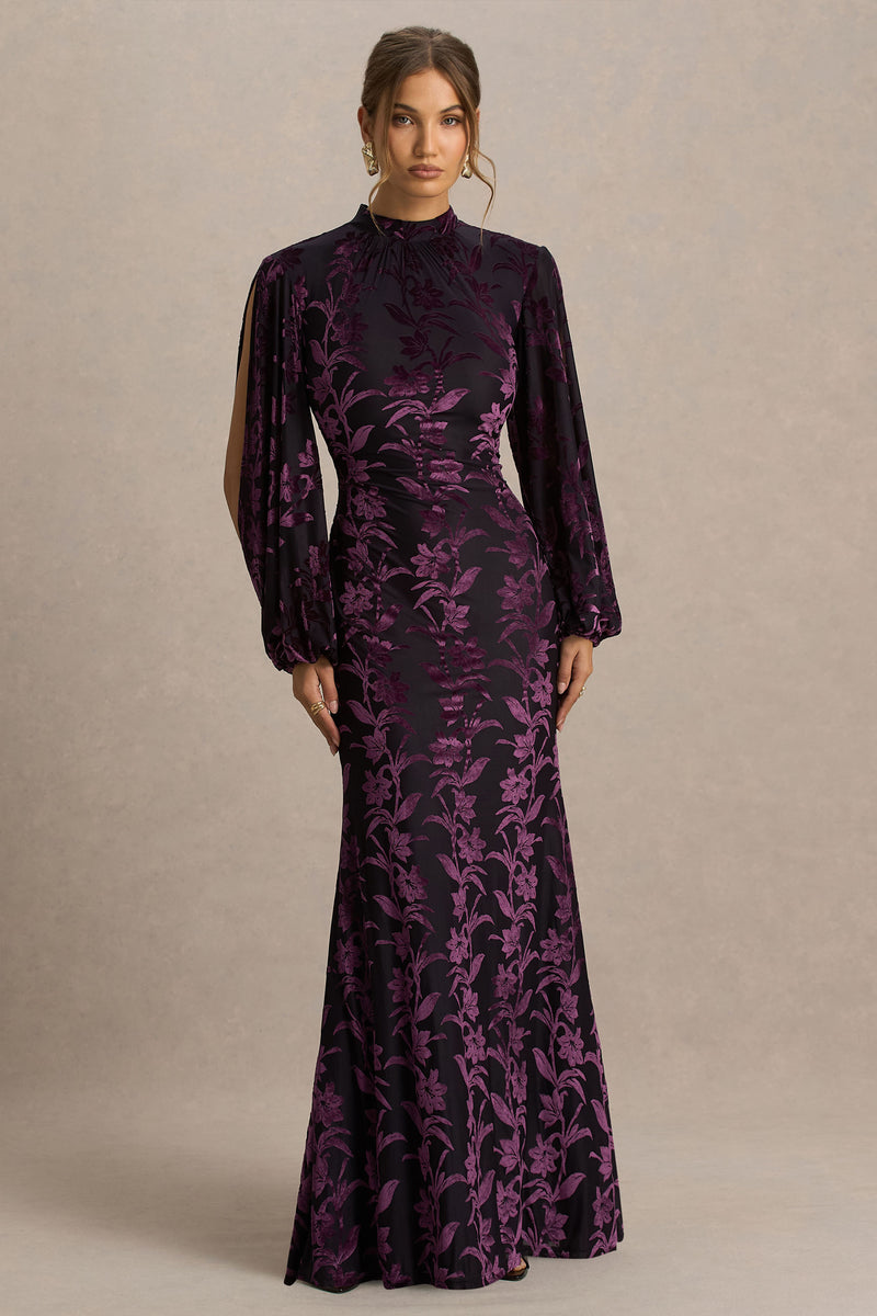 Janet Black And Purple Devore High-Neck Maxi Dress With Cut-Out Deta ...