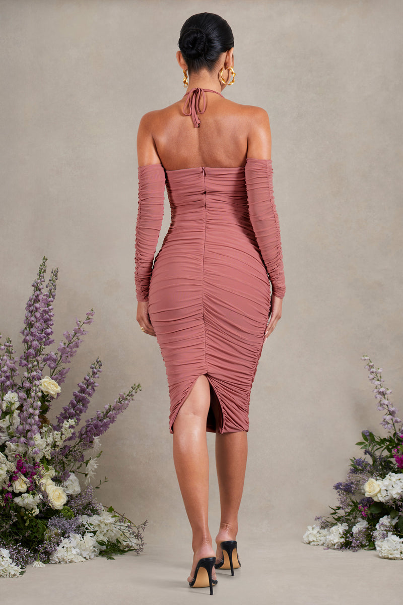 Pixie Blush Pink Ruched Long-Sleeved Halter-Neck Maternity Midi Dress ...