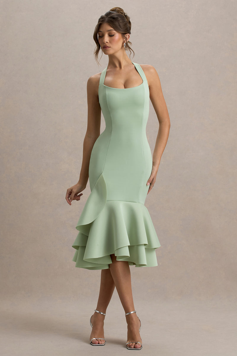 Arla Light Green Halter Neck Ruffle Trim Midi Dress – Club L London - USA