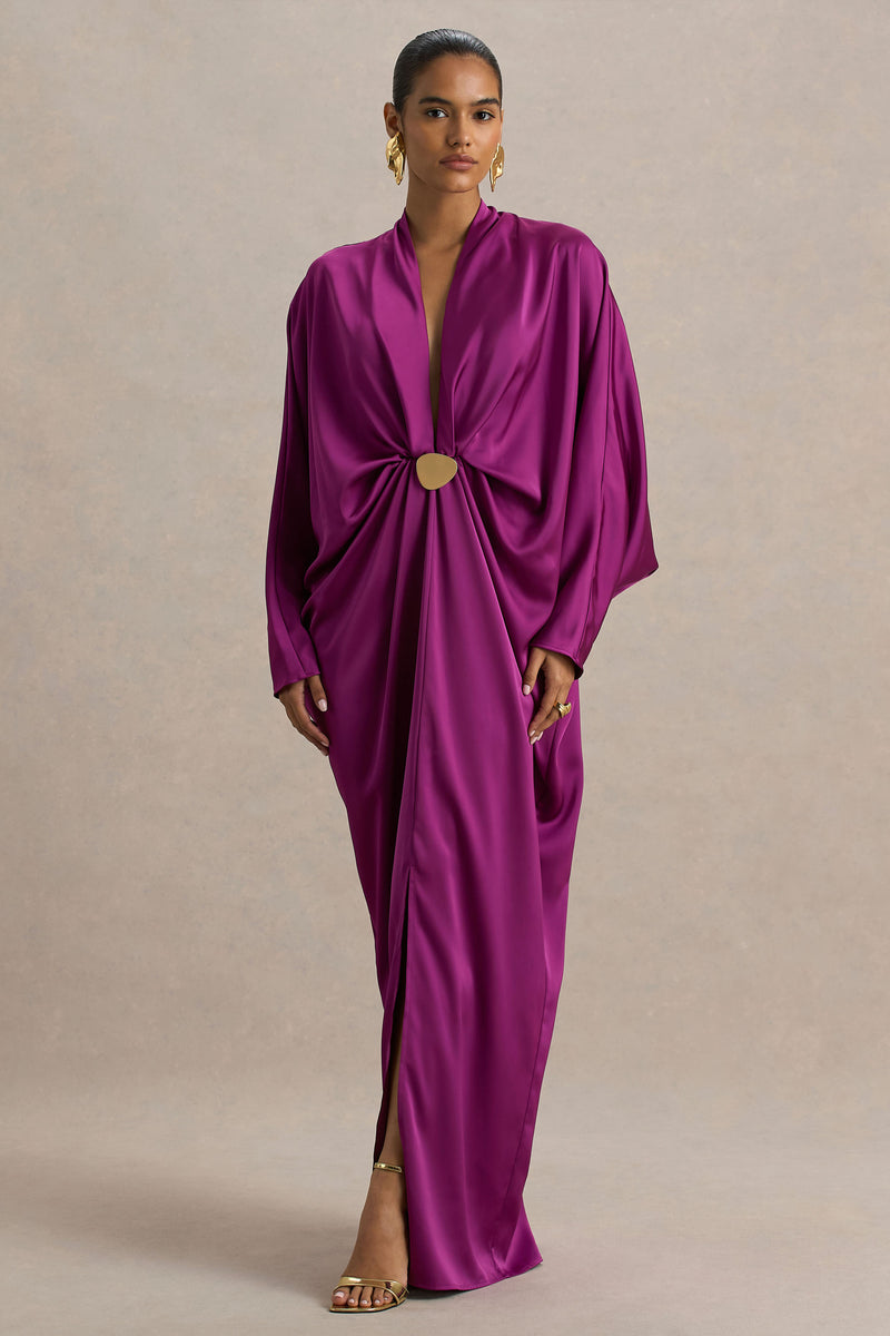 Tina Pink Satin Plunge-Neck Embellished Maxi Dress – Club L London - USA