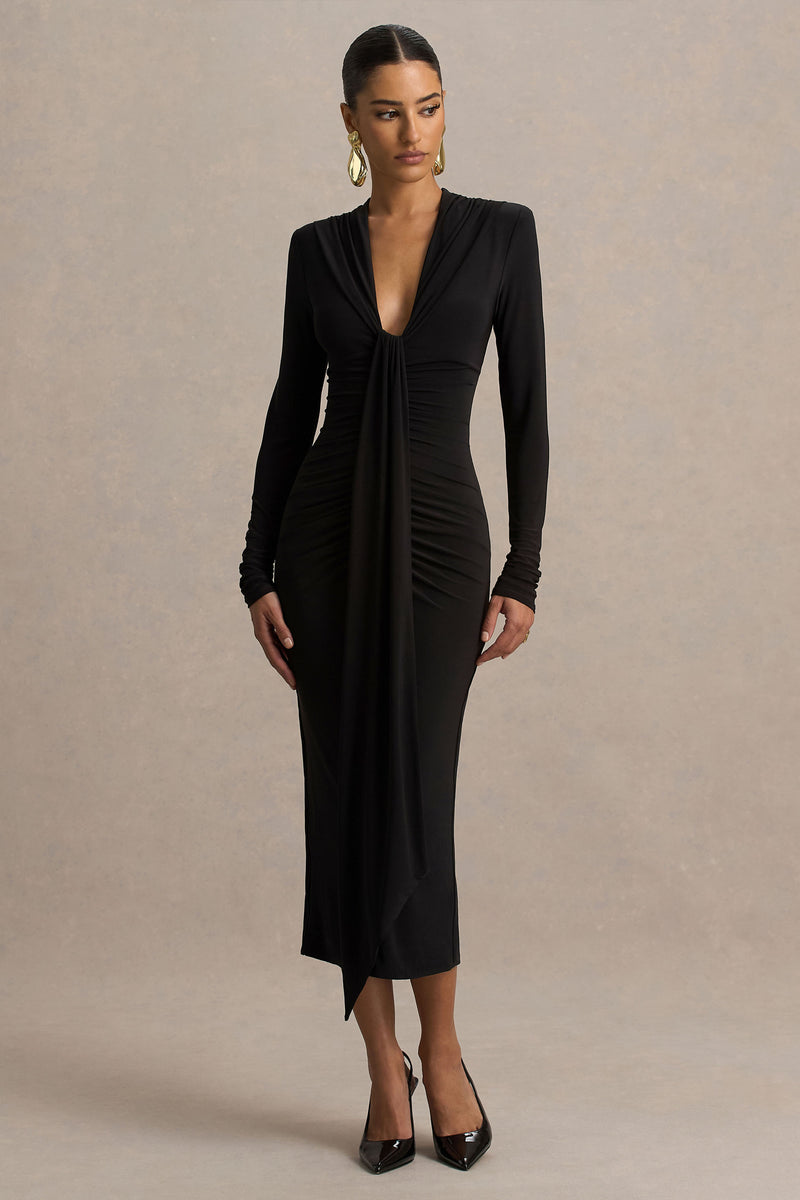 Ivara Black Plunge-Neck Midi Dress With Ruched Detailing And Sash ...