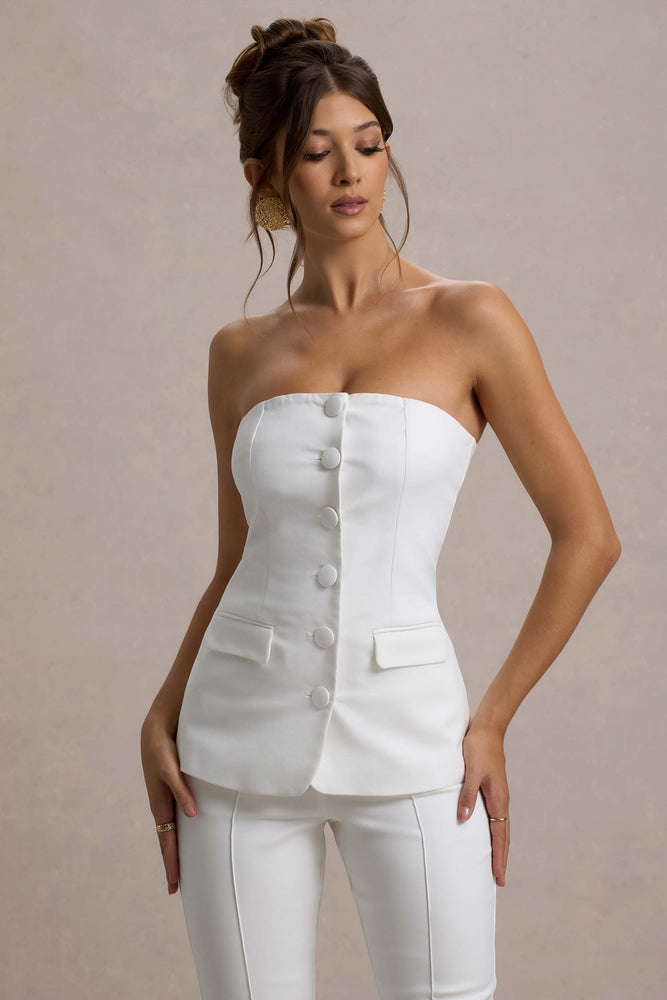 Elliana White Strapless Button Front Tailored Top – Club L London - USA