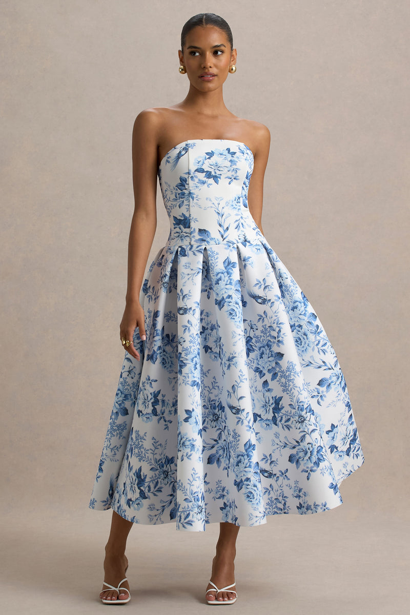 Alaina Blue Porcelain Print Bandeau Midi Dress With Volume Skirt – Club ...