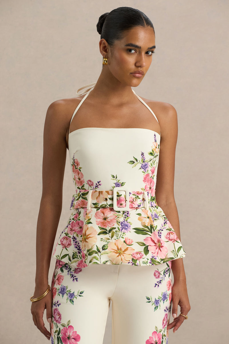 Maud White Floral Border Print Square-Neck Tailored Top – Club L London ...