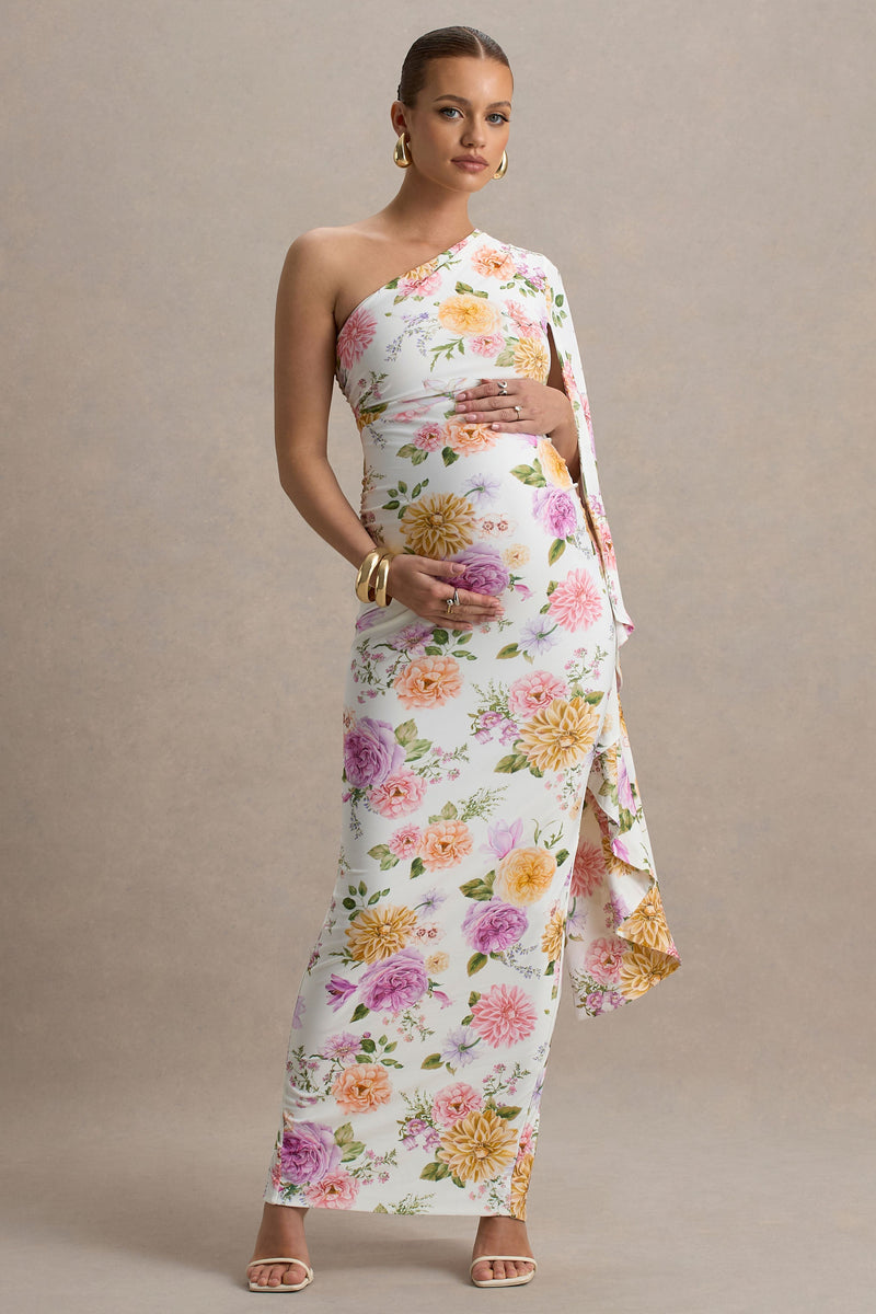 Aliana Peach And Lilac Floral Print Asymmetric Maternity Maxi Dress ...