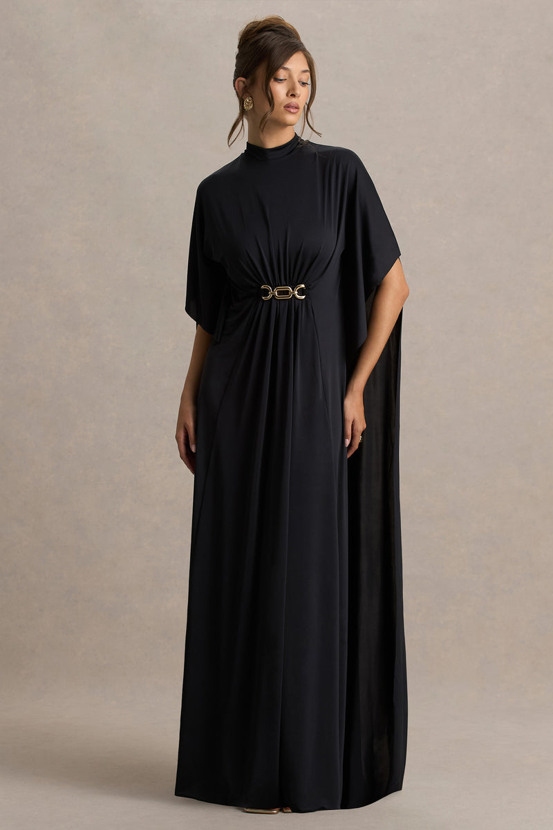 Olessia Black Belted Gathered Cape-Sleeve Maxi Dress – Club L London - USA