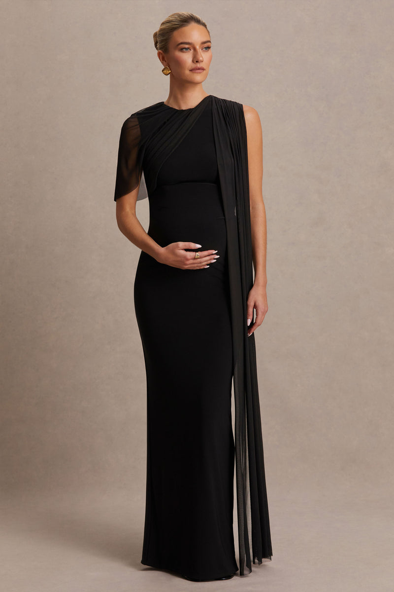 Amelise Black High-Neck Maternity Maxi Dress With Mesh-Cape Sleeve A ...