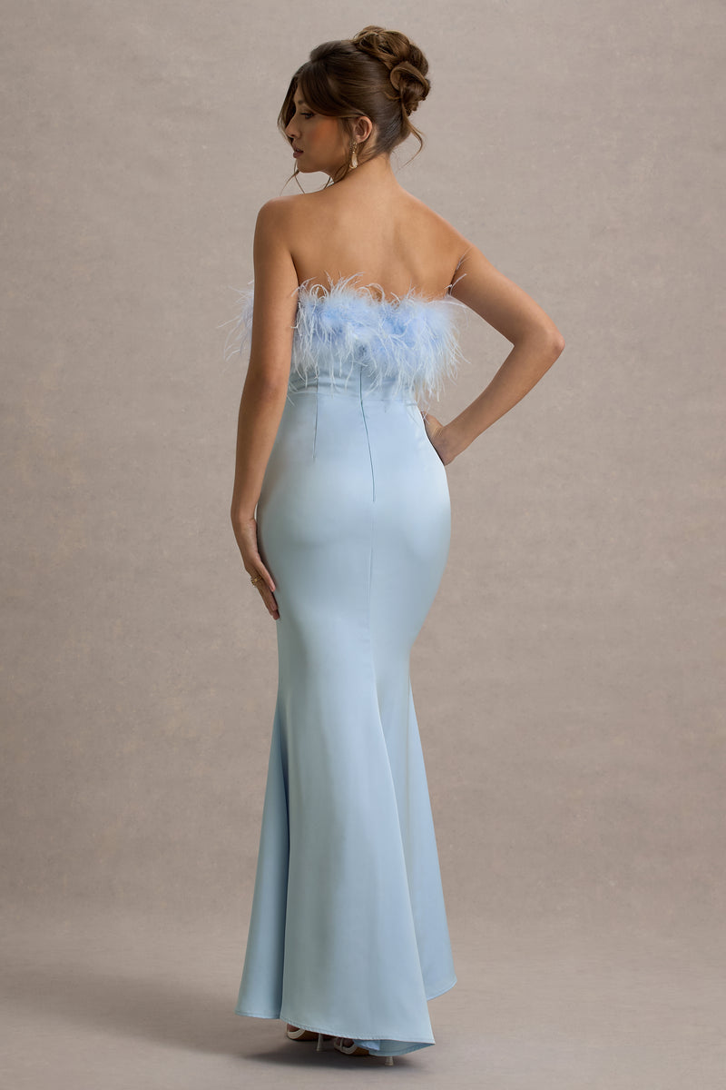 Dress For It Powder Blue Satin Feather Trim Bandeau Maxi Dress – Club L ...