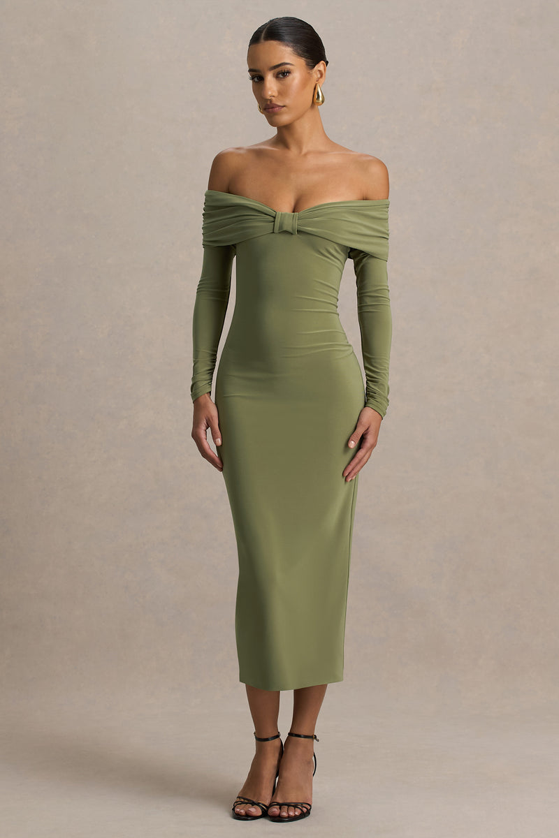 Spark Olive Bardot-Neck Midi Dress With Bow Detail – Club L London - USA