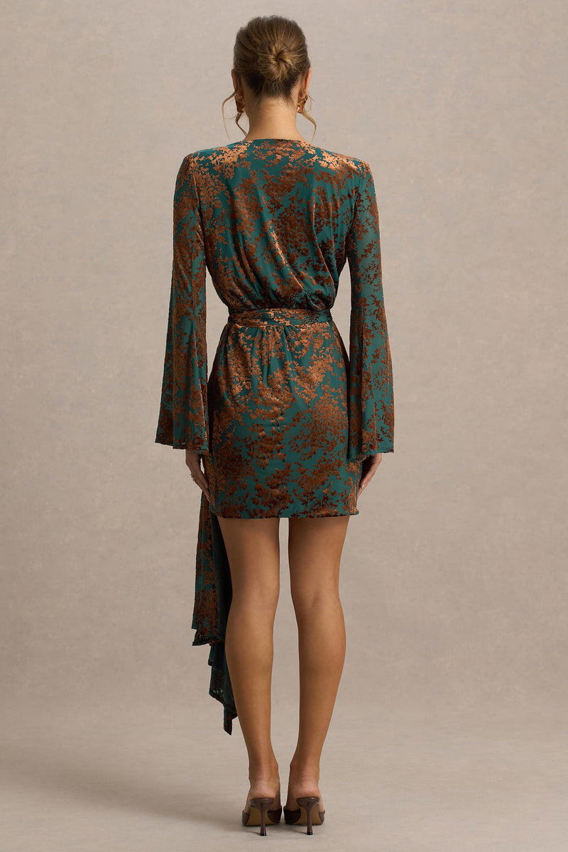 Dimitra Dark Green And Brown Velvet Devore Plunge-Neck Wrap Mini Dre ...
