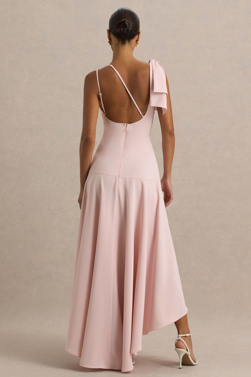Julieta Baby Pink Asymmetric-Neck Maxi Dress With Bow Detail And Ope ...