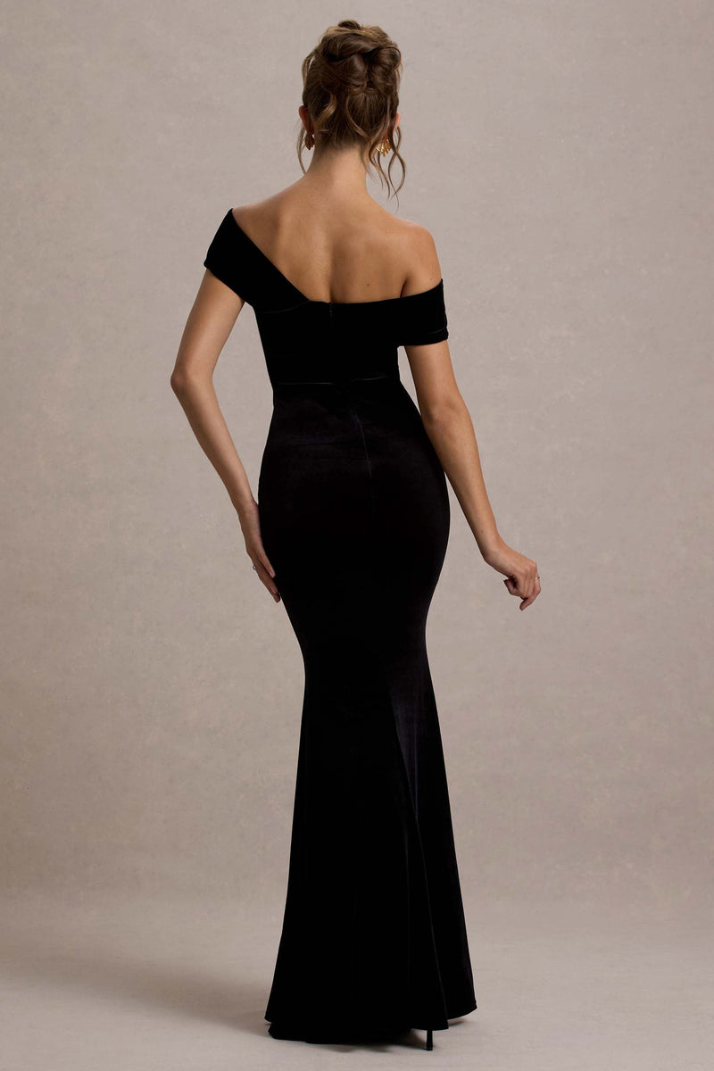 Candela Black Velvet Asymmetric Bardot Maxi Dress – Club L London - USA